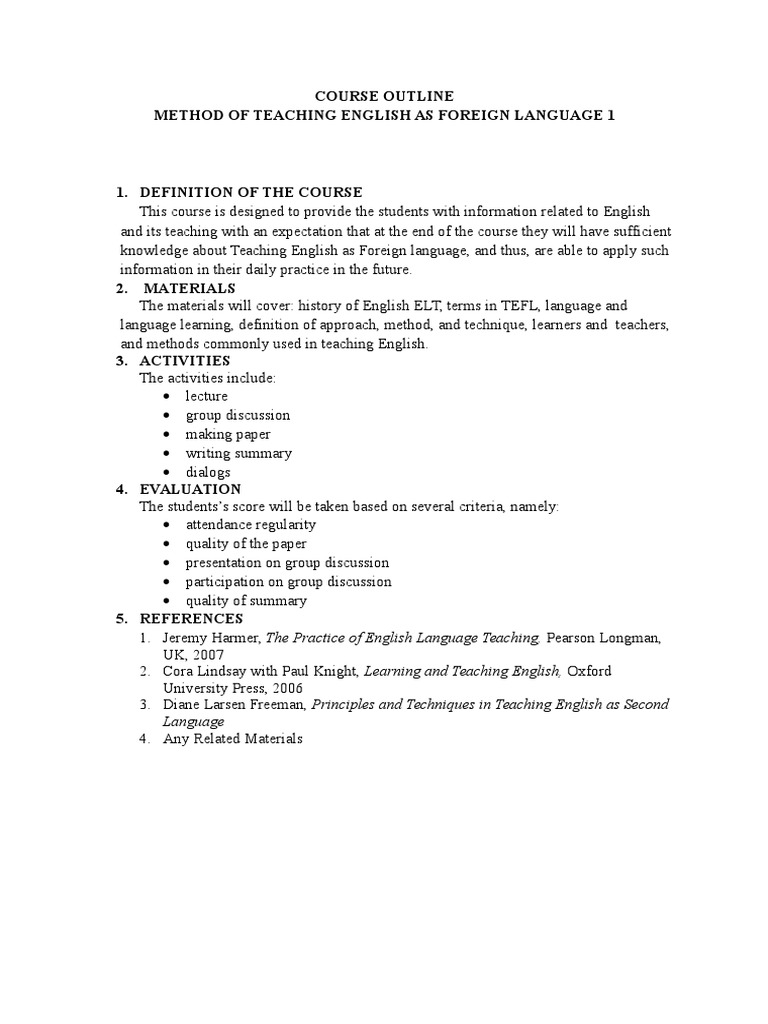 Course Outline Tefl 1 | PDF | Teaching English As A Foreign Language ...