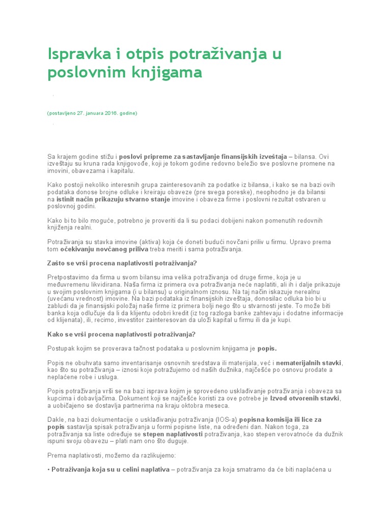 Ispravka I Otpis Potraživanja U Poslovnim Knjigama | PDF