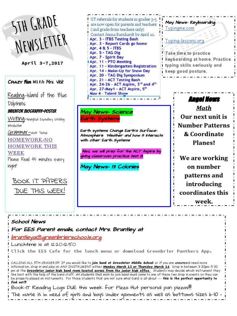 5th Grade Newsletter | PDF | Schools | Students