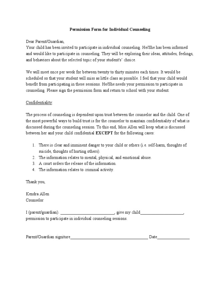 Permission Form For Individual Counseling | PDF