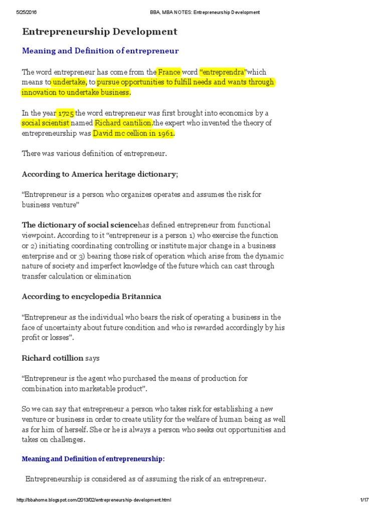 BBA, MBA NOTES - Entrepreneurship Development | PDF | Entrepreneurship ...