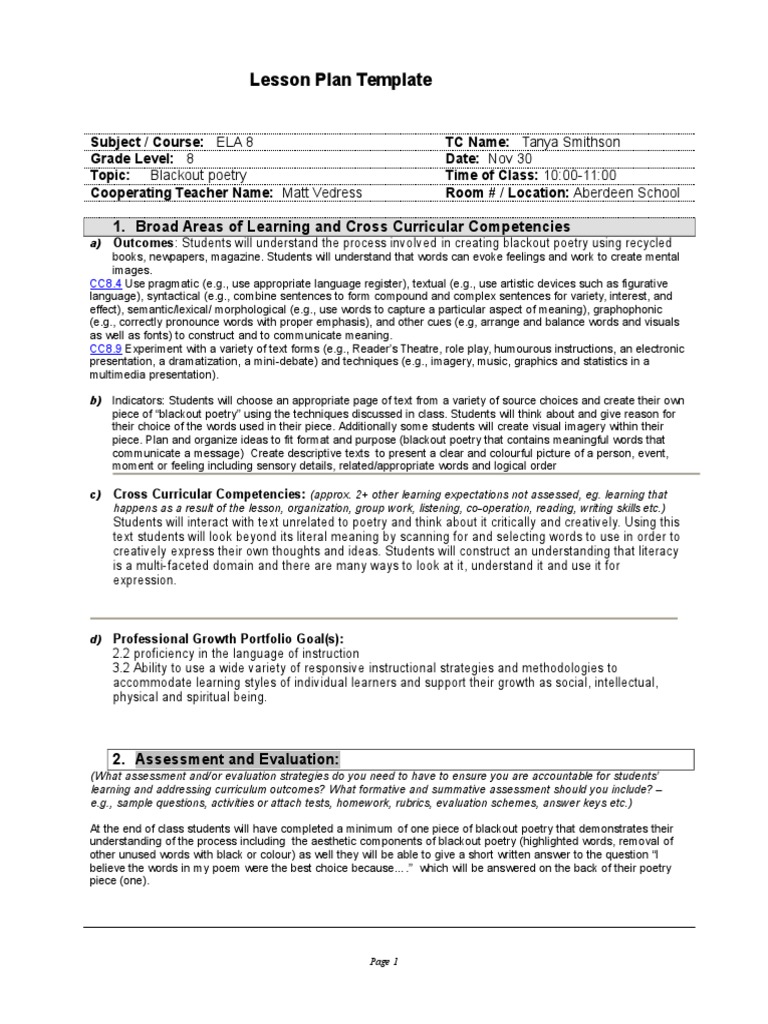 Blackout Poetry Ela 8 Lesson Plan | PDF | Educational Assessment ...