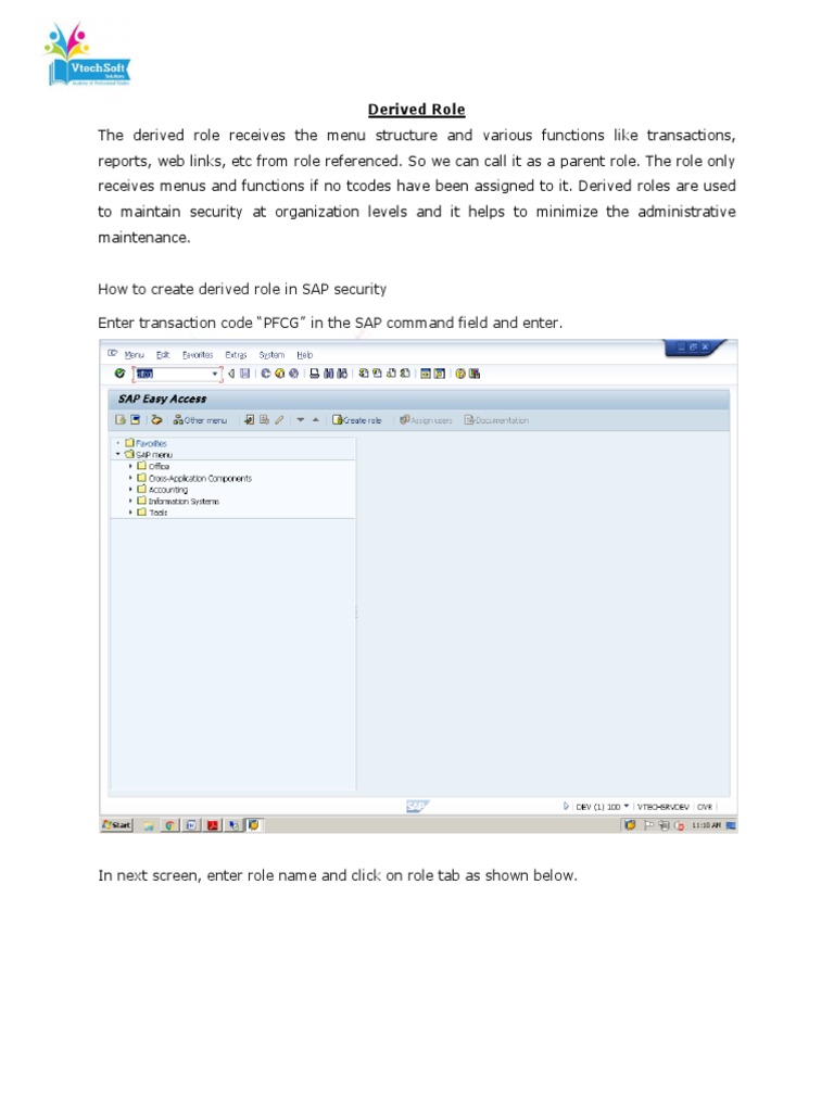How To Create Derived Role in SAP Security Enter Transaction Code "PFCG ...