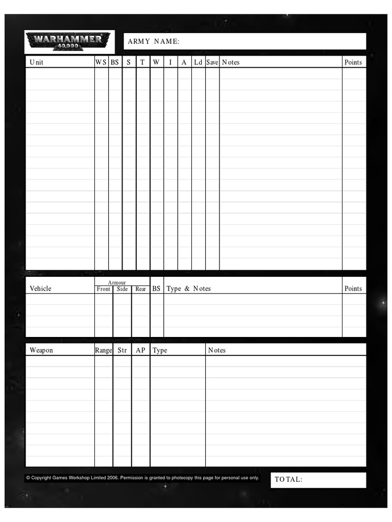 Army Name: Unit Wsbss TW I A LD Save Notes Points: Front Side Rear | PDF