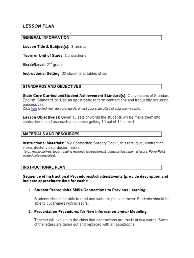 2nd Grade Contractions Lesson Plan | PDF | Lesson Plan | Teachers
