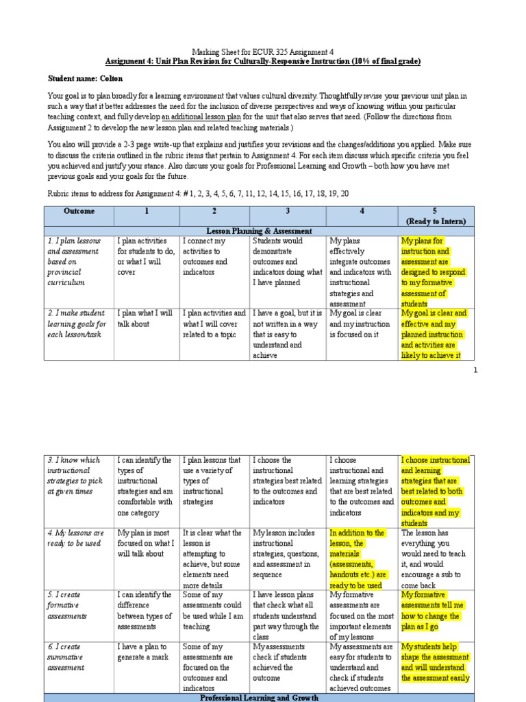 Assignment 4: Unit Plan Revision For Culturally-Responsive Instruction ...