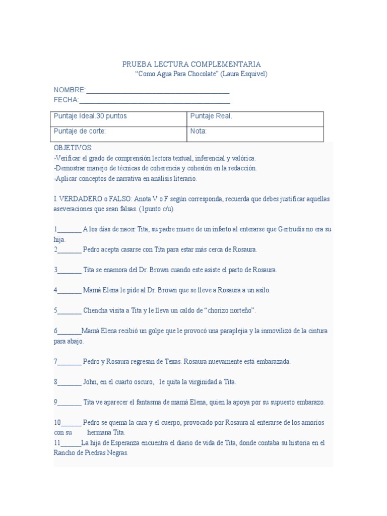 Comprensión Lectora: "Como Agua Para Chocolate" | PDF