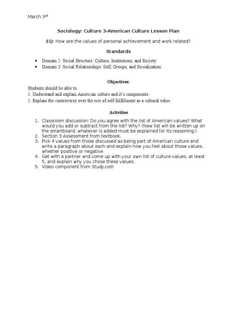 Culture 3-American Culture Lesson Plan | PDF