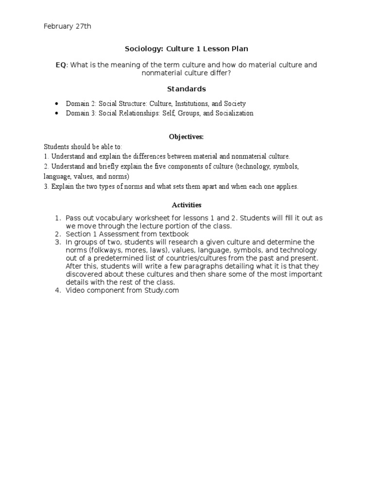 Culture 1 Lesson Plan | Norm (Social) | Lesson Plan