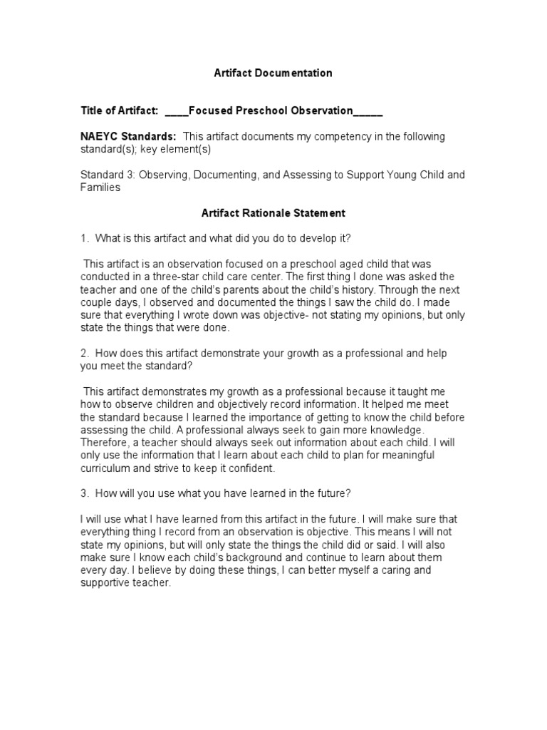 Artifact Documentation - Focused Preschool Observation | PDF