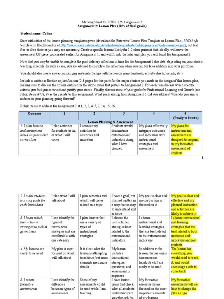 Marking Sheet For Assignment 2 - Lesson Plan 3 1 | PDF | Educational ...