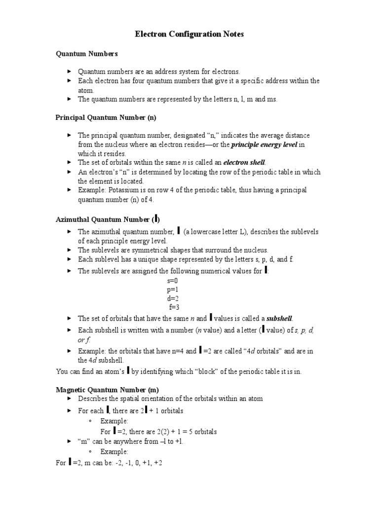 Electron Configuration Notes | PDF | Atomic Orbital | Electron ...
