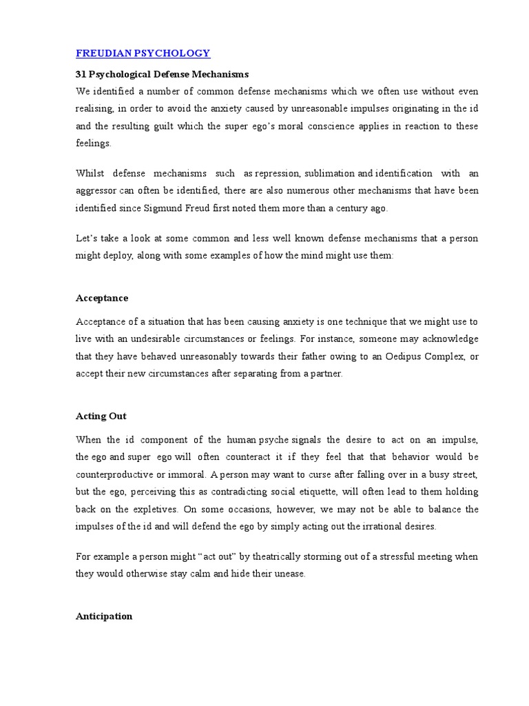 31 Freudian Defense Mechanisms Explained | PDF