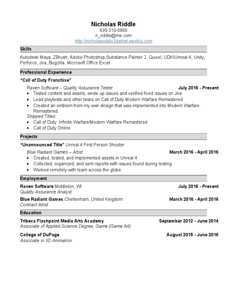 Nicholas Riddle Resume | PDF | Games & Activities | Art
