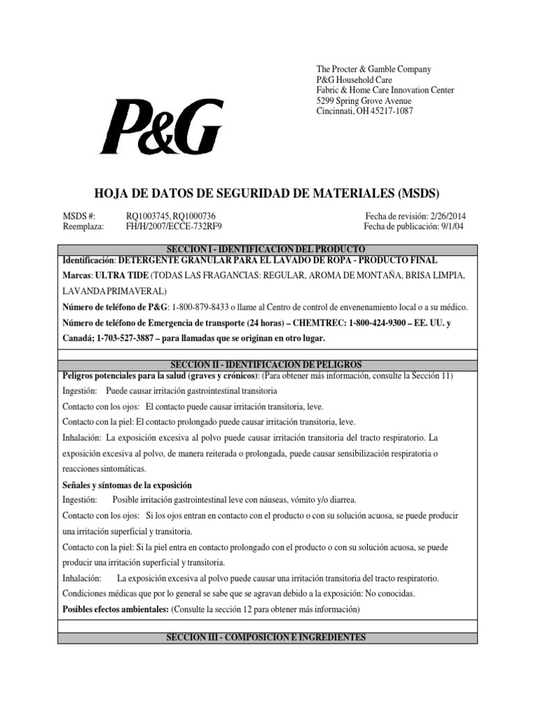 MSDS: Detergente Granular Ultra Tide | PDF | Residuos | Celsius