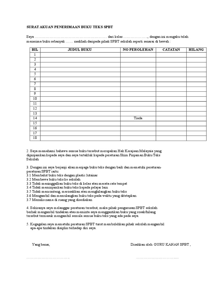 Surat Akuan Penerimaan Buku Teks SPBT (Pra Stam) | PDF