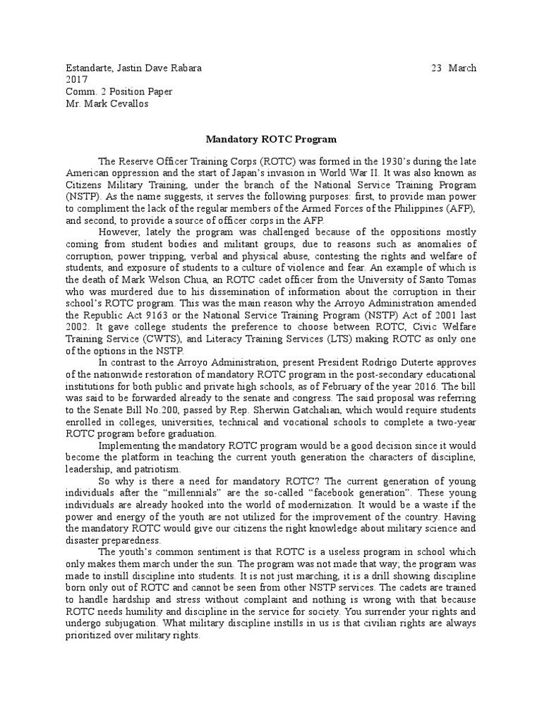 Comm 2 Position Paper | PDF | Reserve Officers' Training Corps ...