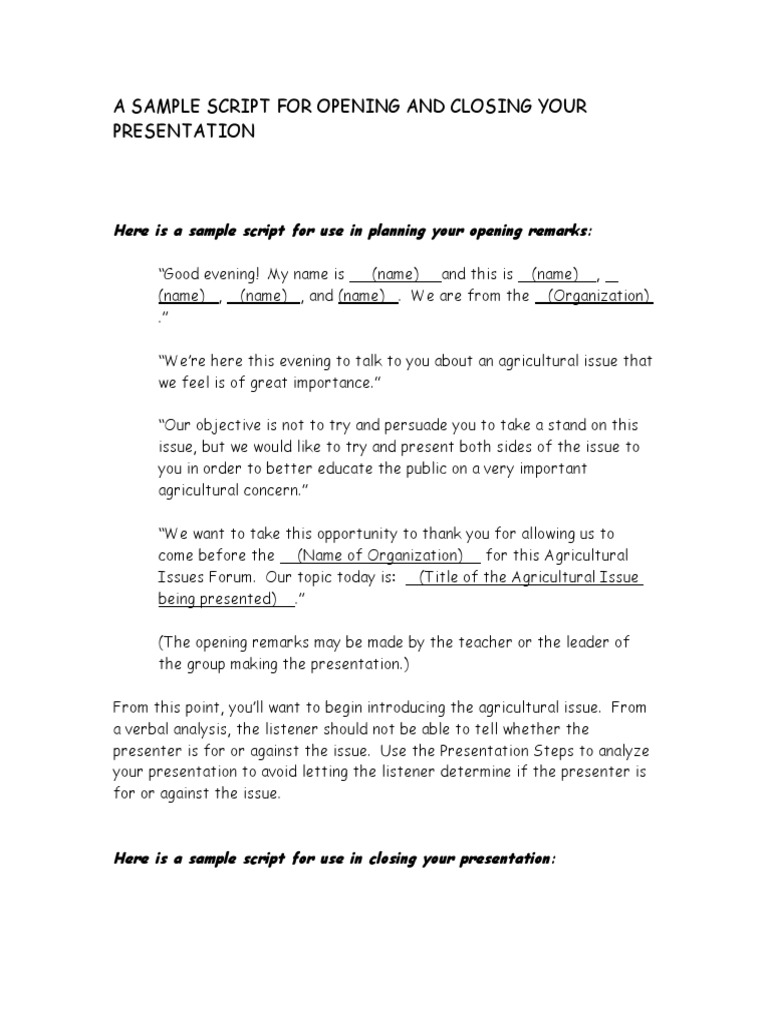 A Sample Script For Opening and Closing Your Presentation | PDF