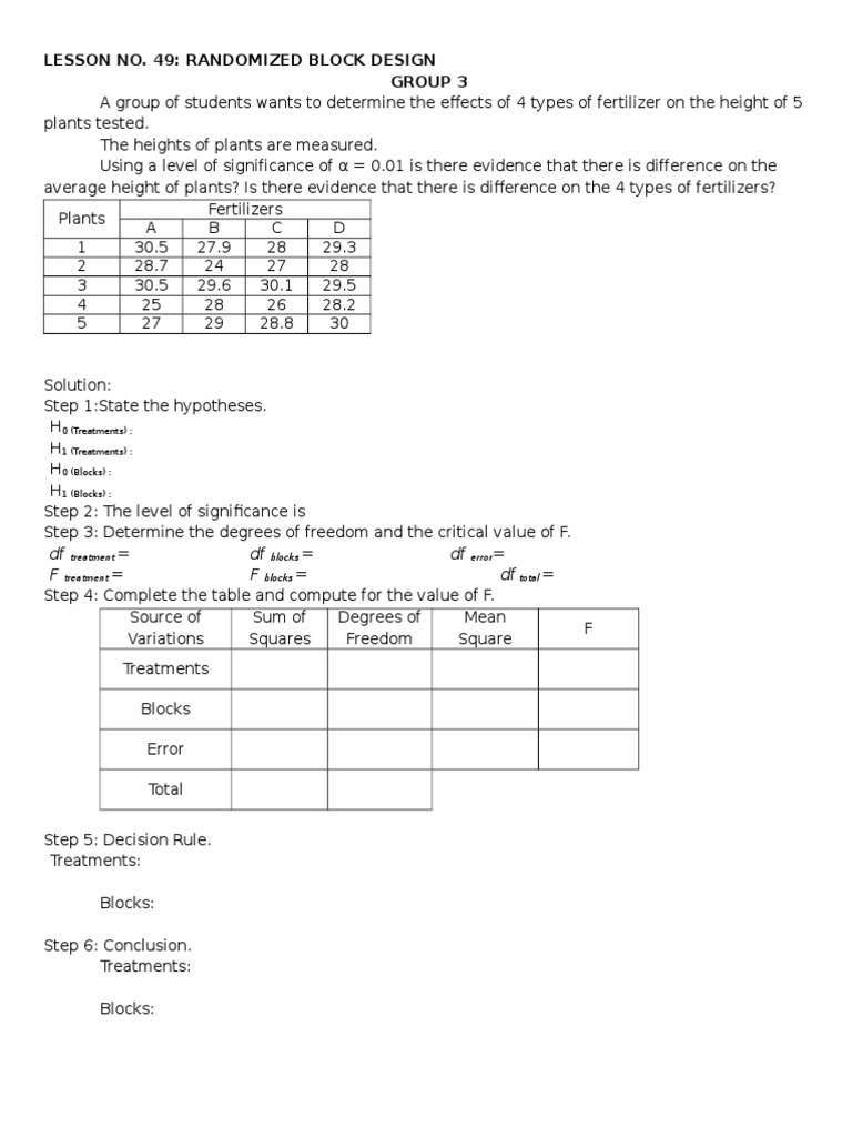 Lesson No. 49: Randomized Block Design Group 3: DF DF DF F F DF | PDF