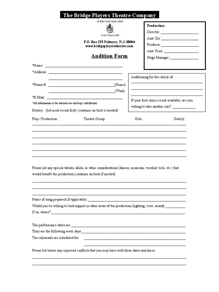 The Bridge Players Theatre Company: Audition Form | PDF | Audition ...