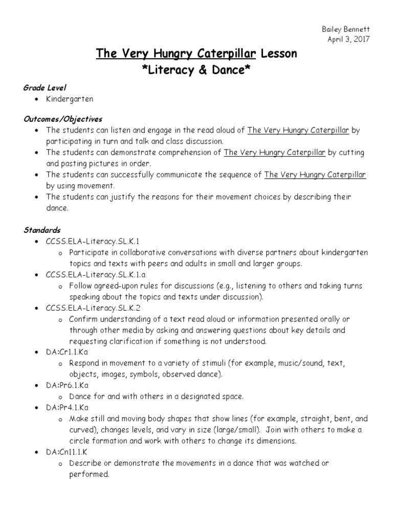 Very Hungry Caterpillar Lesson Plan | PDF | Rubric (Academic) | Dances
