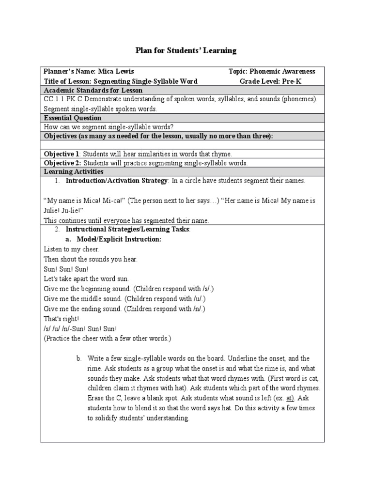 lesson plan for phonemic awareness | Syllable | Teaching