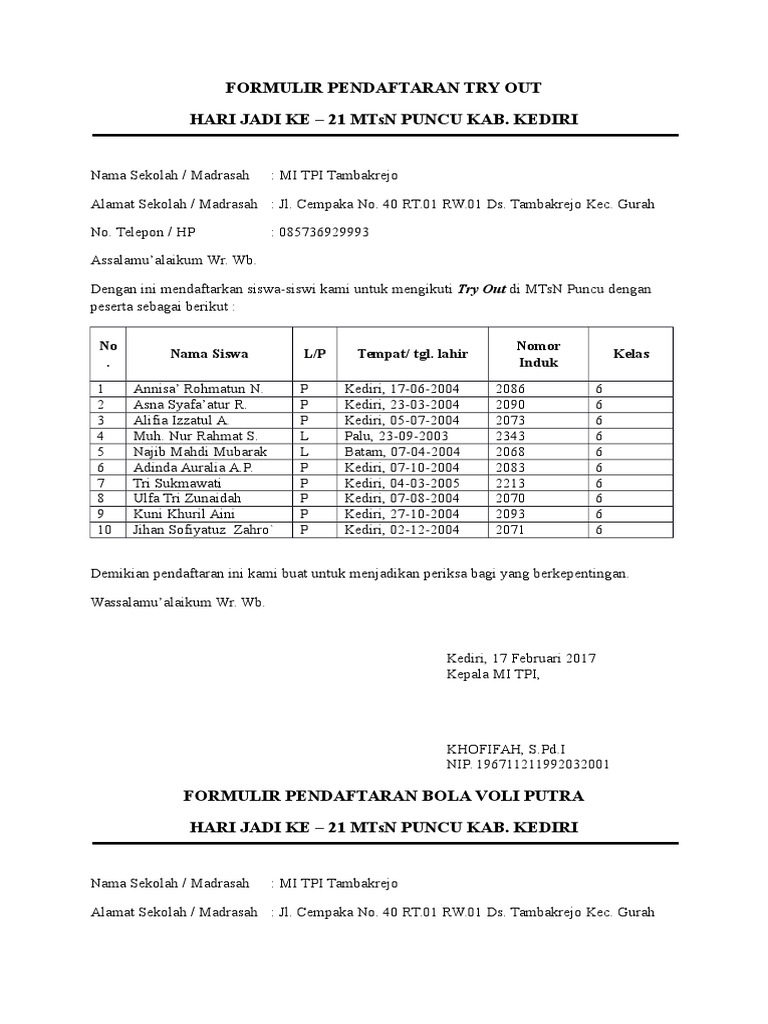 Formulir Pendaftaran Try Out | PDF