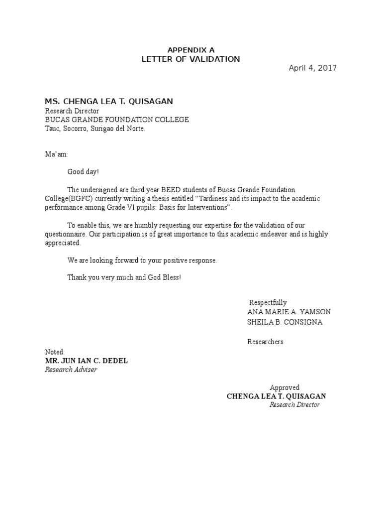 Letter of Validation: Appendix A | PDF | Learning