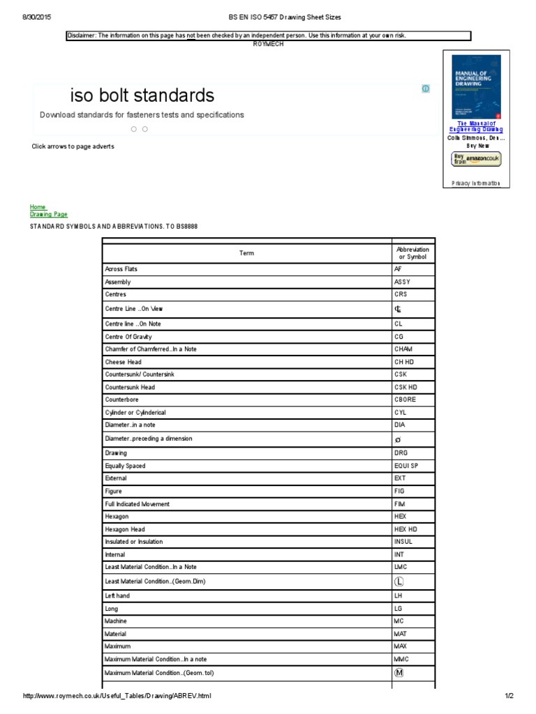 BS en ISO 5457 Drawing Sheet Sizes | Screw | Crafts