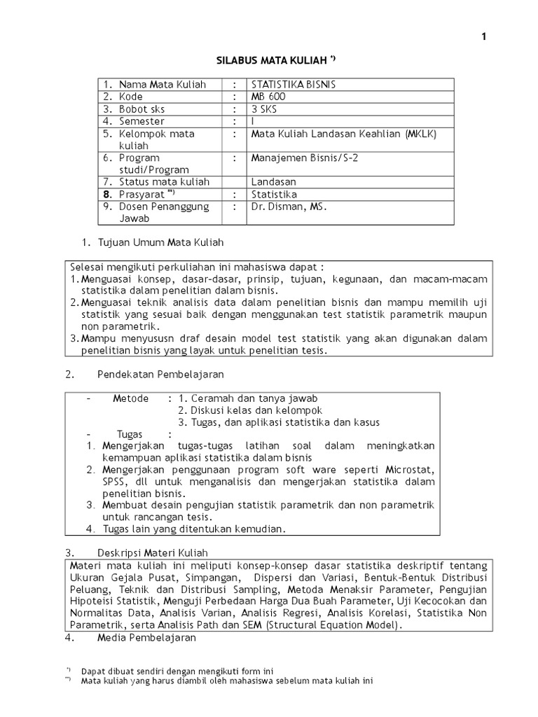 Form Silabus Mata Kuliah Statistika Magister Manajemen Bisnis | PDF