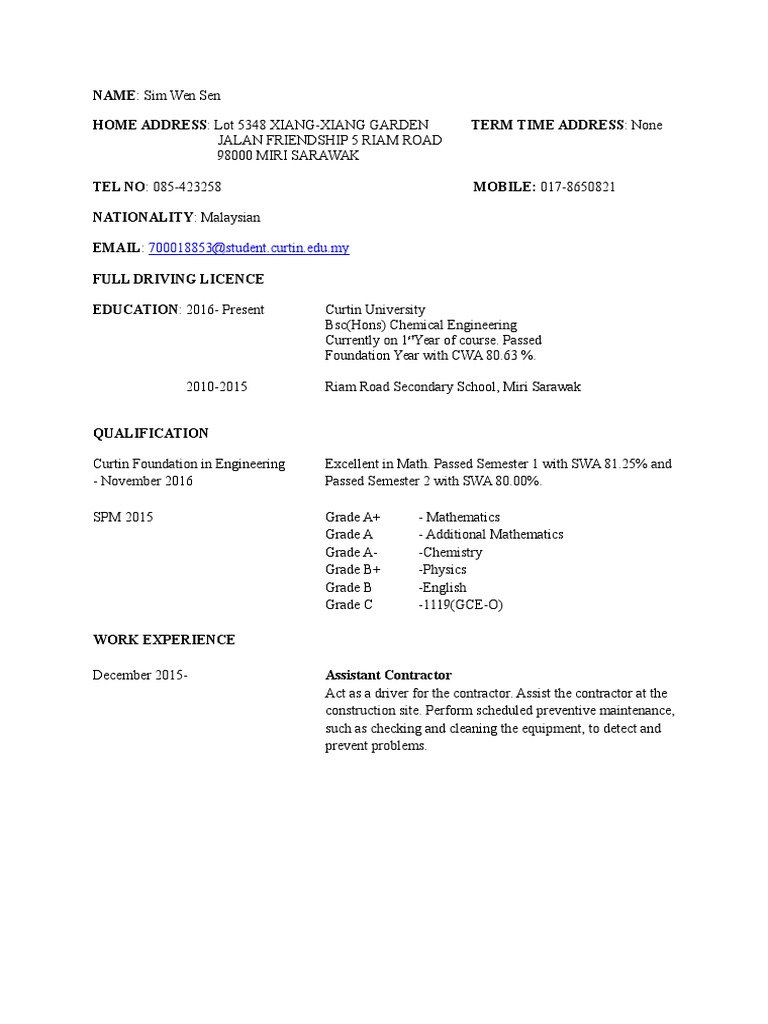 Sim Wen Sen's CV and Qualifications | PDF | Sarawak | Curriculum