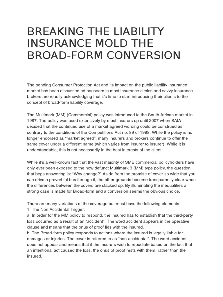 Broadform Liability - Breaking The Liability Insurance Mold The Broad | PDF
