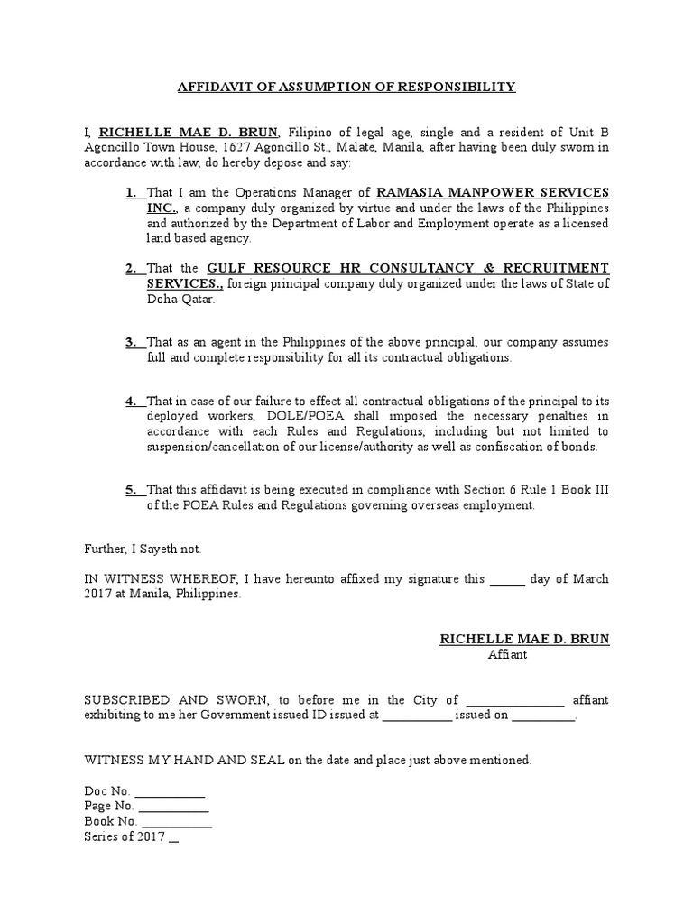 Affidavit of Assumption of Responsibility