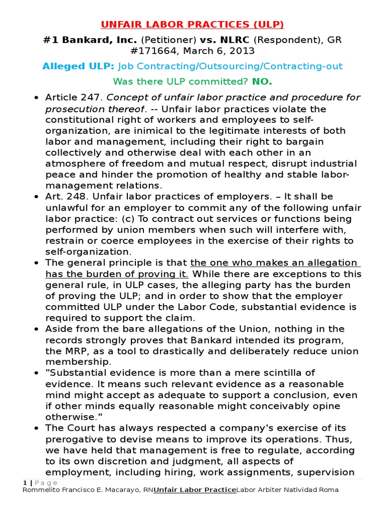 Labor Law Review Assignment Unfair Labor Practice 2017 | PDF | Unfair ...