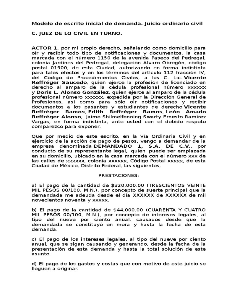 Modelo de Escrito Inicial de Demanda Juicio Ordinario Civil | Cheque ...