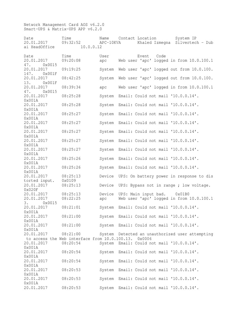 APC UPS Event Log Recording Power Outages, User Logins and Device ...