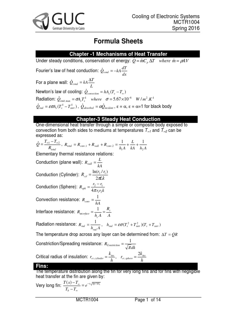 Heat and Mass Formula Sheet | PDF | Thermal Conduction | Heat Transfer