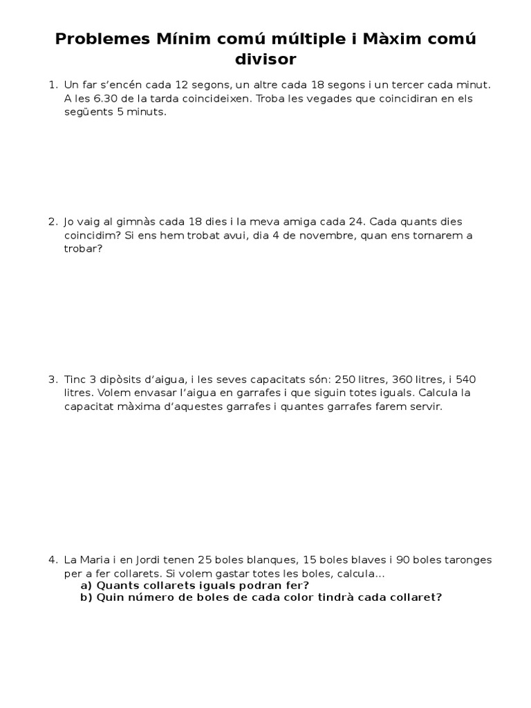 Problemes Mínim Comú Múltiple I Màxim Comú Divisor | PDF