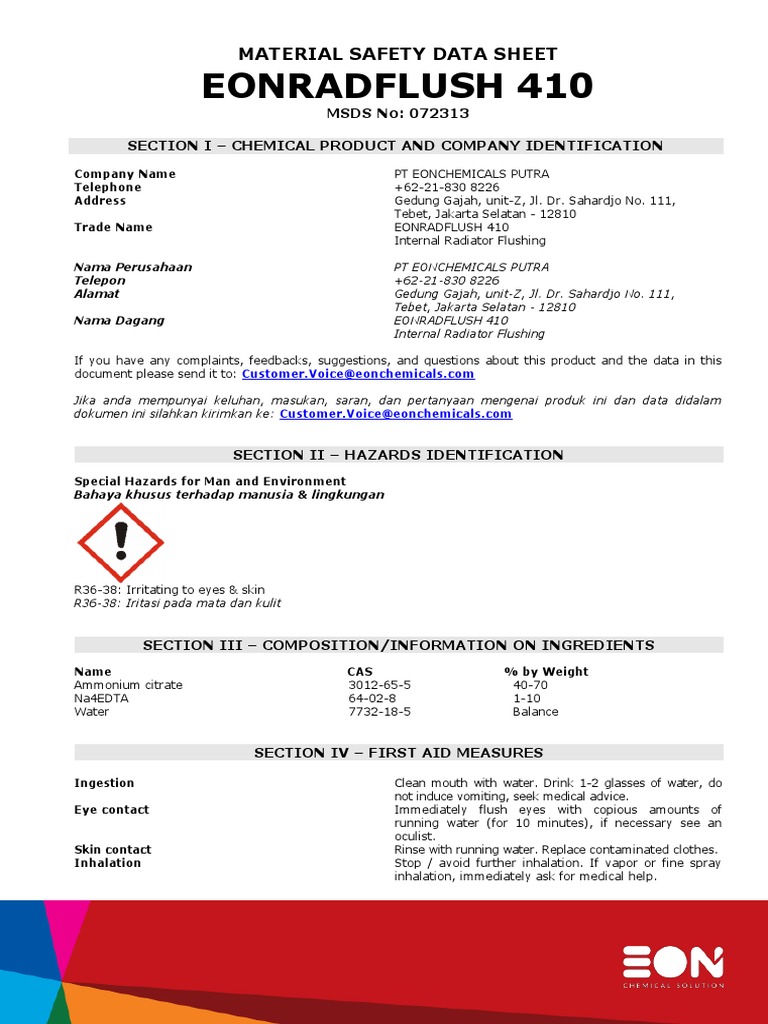 EONRADFLUSH 410 MSDS Overview | PDF