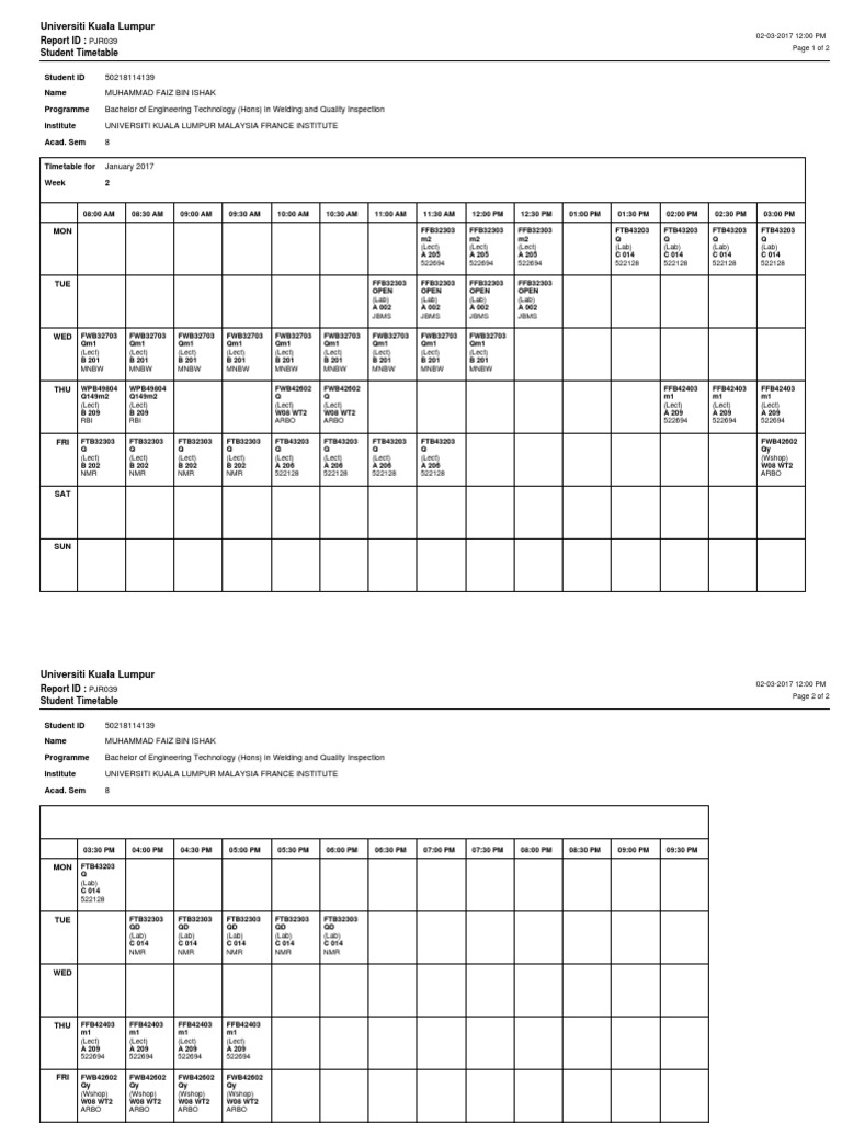 Universiti Kuala Lumpur: Report ID: Student Timetable | PDF