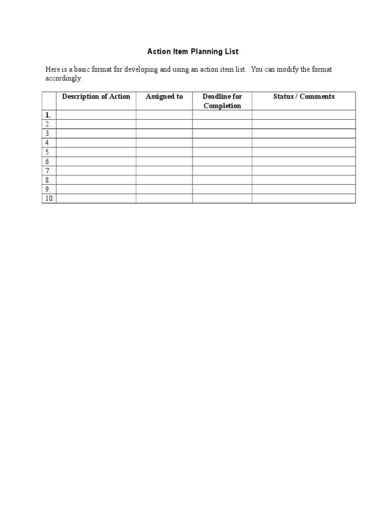 Here Is A Basic Format For Developing and Using An Action Item List ...