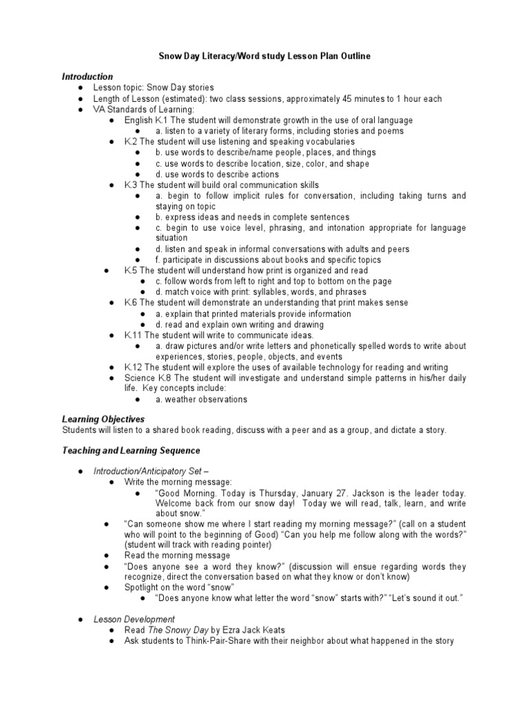 Snow Day Literacy/Word Study Lesson Plan Outline | PDF | Literacy ...