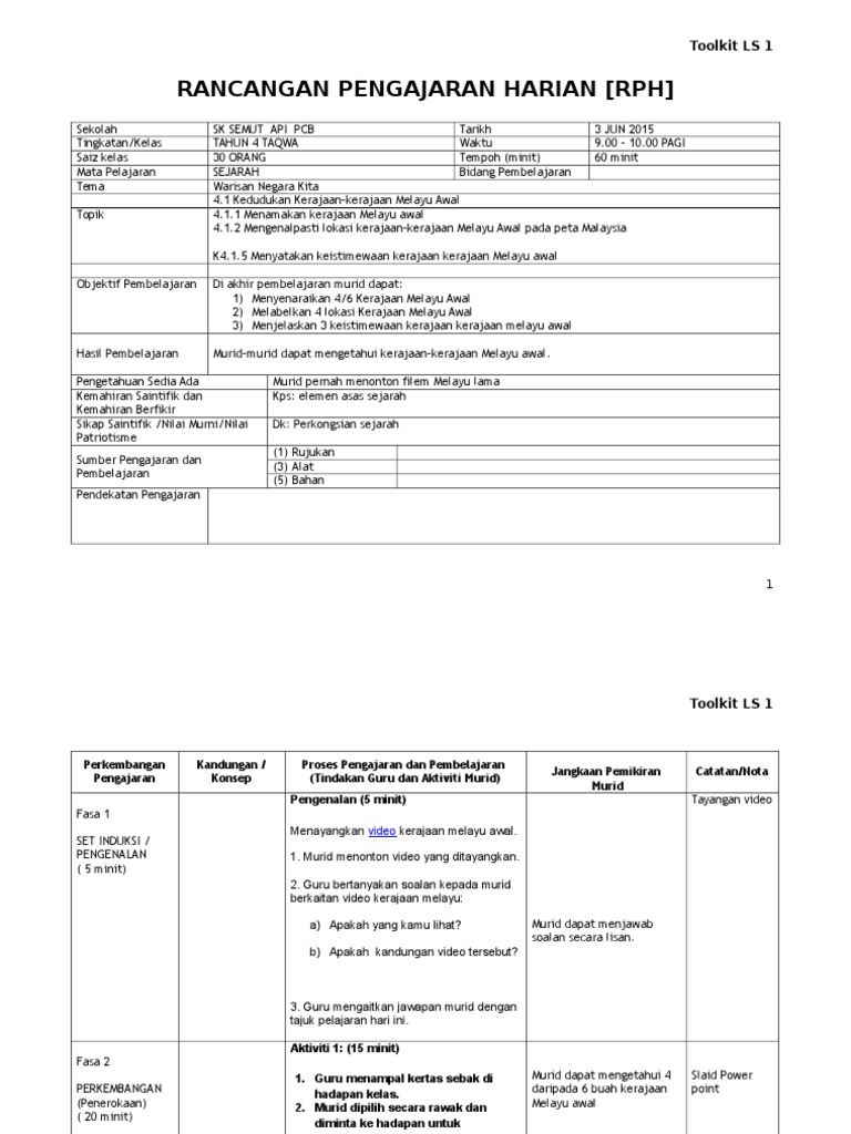 Tool Kit LS 1 Template RPH | PDF