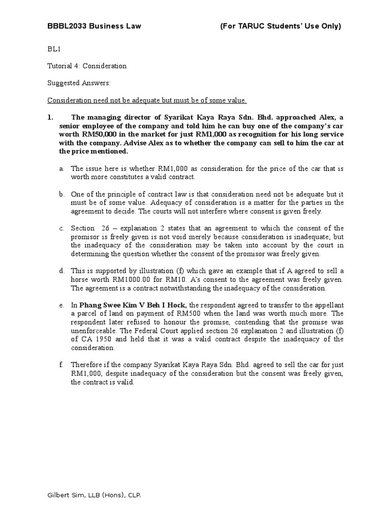 Tutorial 5 Consideration BL1Ans | PDF | Consideration | Contract Law