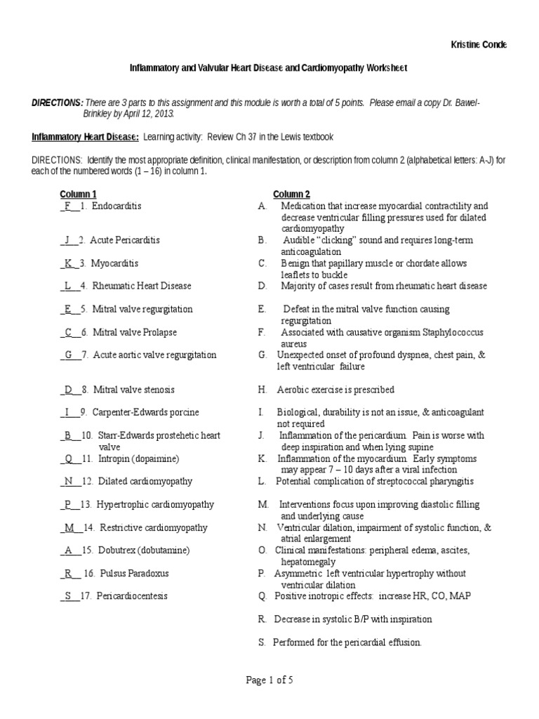 Chapter 37 Worksheet | PDF | Heart | Heart Valve