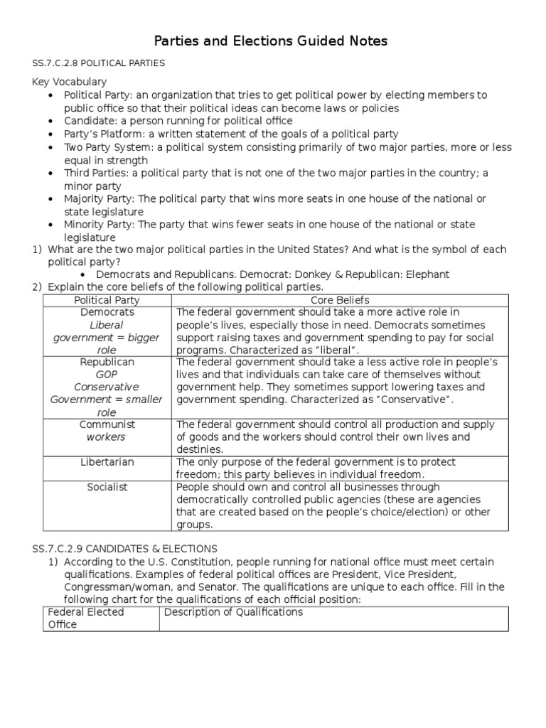 Parties and Elections Guided Notes Complete | PDF | Advocacy Group ...