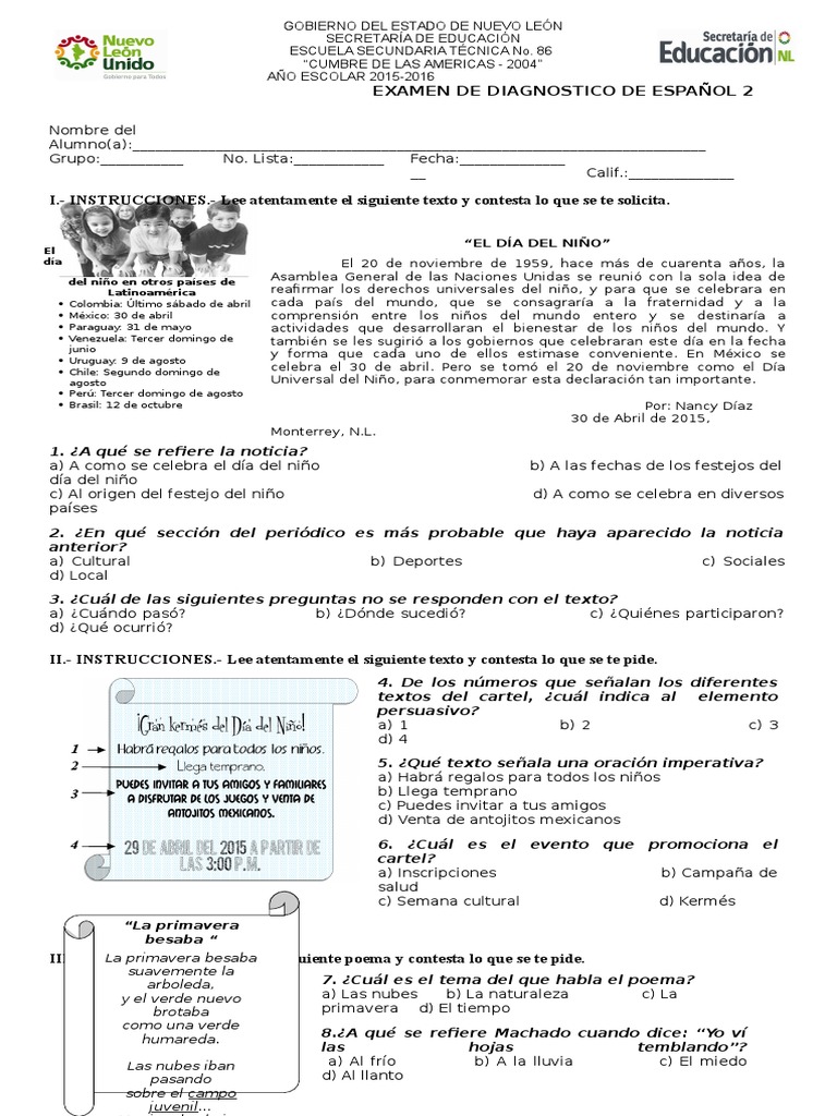 Examen de Diagnostico de Espanol 2 Secundaria | PDF | Educación ...