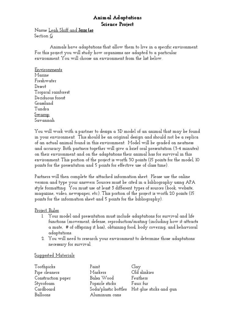 Name Section: Animal Adaptations Science Project | PDF | Cats | Adaptation
