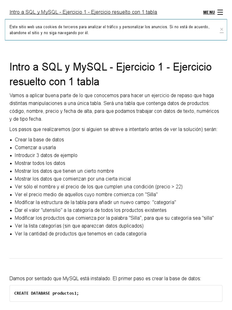Intro A SQL y MySQL - Ejercicio 1 - Ejercicio Resuelto Con 1 Tabla | PDF | SQL | Mi sql