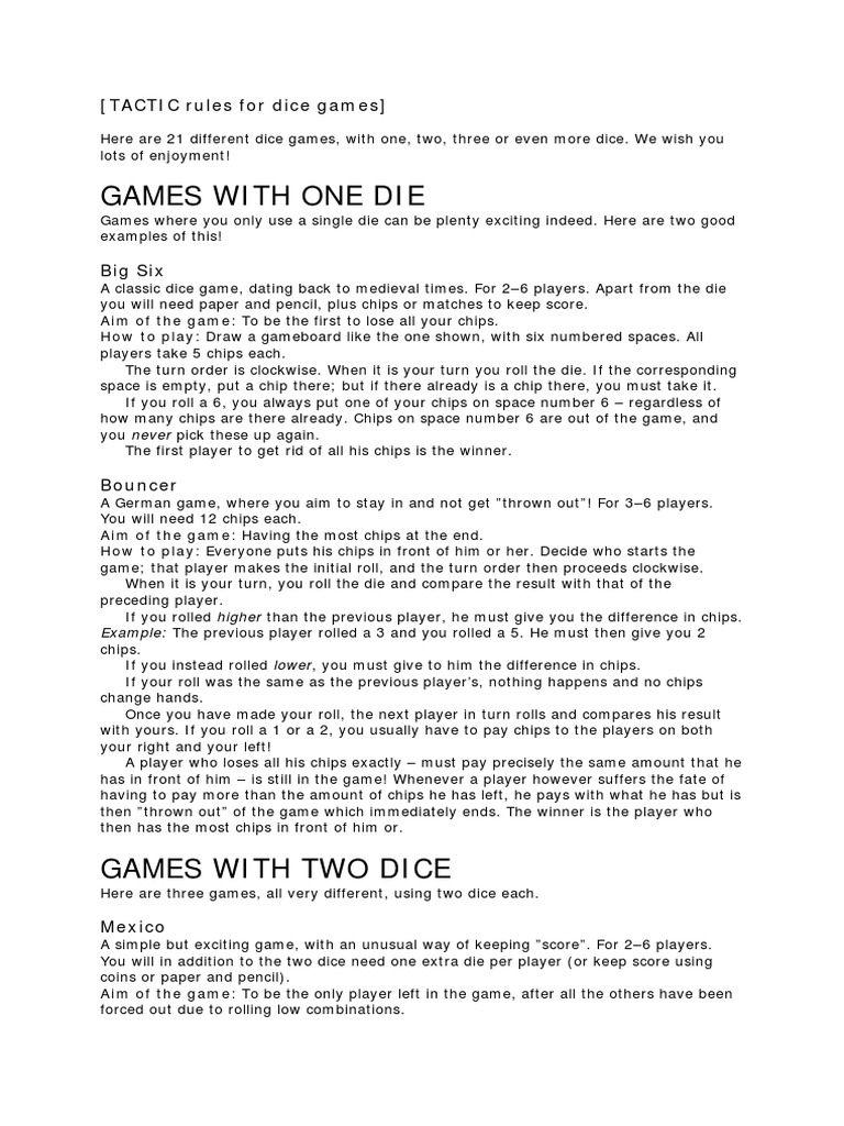 Dice Games PDF | Download Free PDF | Dice | Games Of Chance